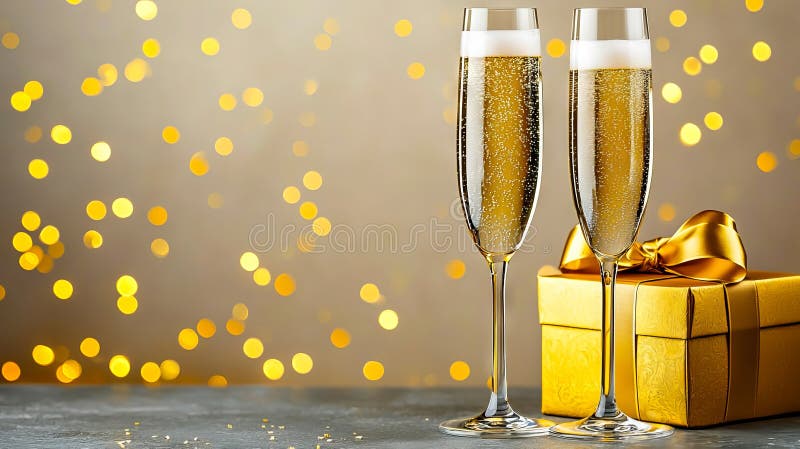 Two Glasses of Champagne Next To a Gold Gift Box Stock Image - Image of ...