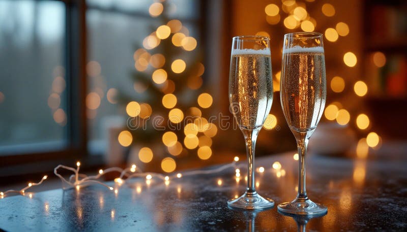 Two Glasses of Champagne Sparkling on Table with Christmas Tree Lights ...