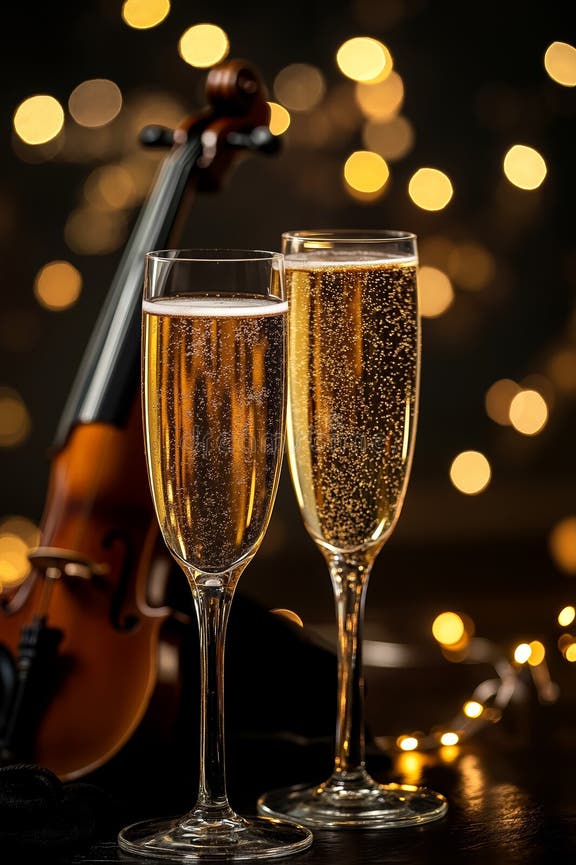 Two Glasses of Champagne with a Violin in the Background Stock Image - Image of alcohol, festive ...