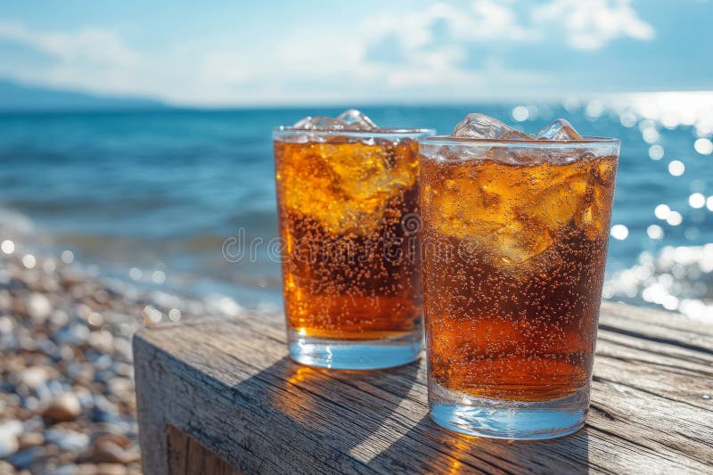Two Glasses of Cola with Ice on a Beachside Table Stock Image - Image ...