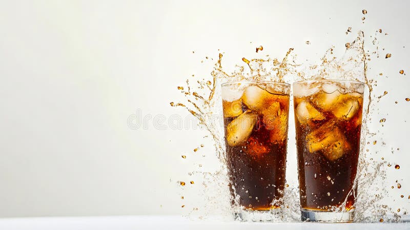 Two Glasses of Cola Cola with Ice Cubes Splashing Out of Them Stock ...