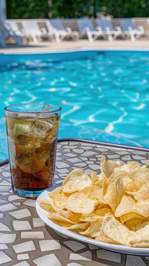Two Glasses of Cola, a Plate of Fried Food, and a Plate of Chips Sit on ...