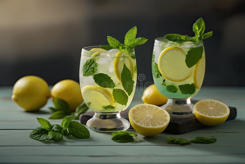 Two Glasses of Delicious Cooling Drink. Mojito Cocktail Stock ...
