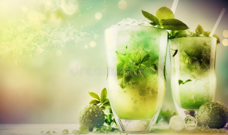 Two Glasses Filled with Ice and Minty Drinks on a Table Stock ...