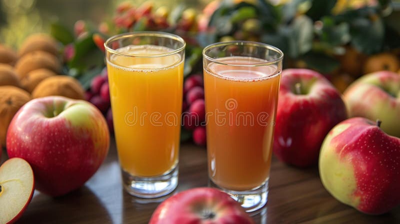 The Two Glasses of Fresh Apple Juice with Apples Fruit. Generative Ai ...