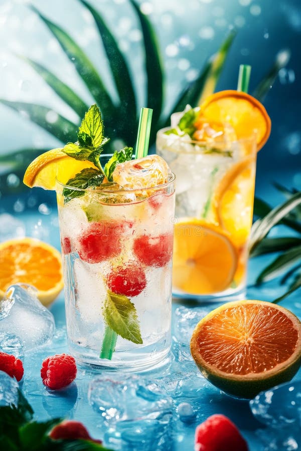 Two Glasses of Fruit Punch with Ice and Raspberries Stock Illustration ...