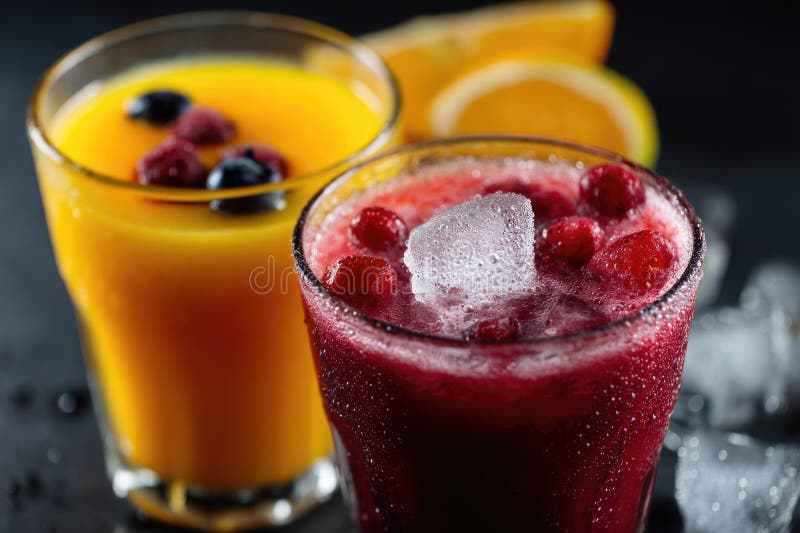 Two Glasses of Fruity Beverages Sit on a Dark Surface, Featuring a ...