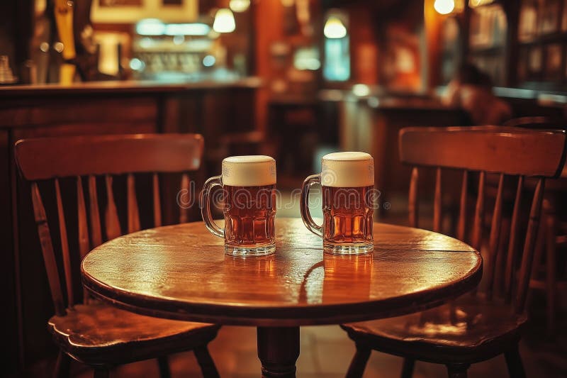 Two Glasses Full of Beer on a Wooden Table in a Beer Pub Ai Photo Stock ...