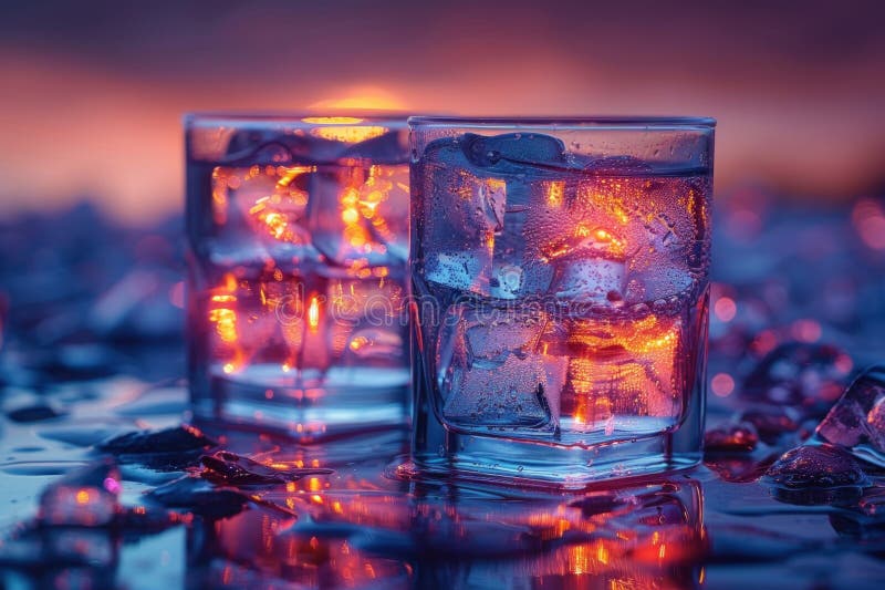 Two Glasses of Ice Cold Drinks with Colorful Lights Stock Photo - Image ...