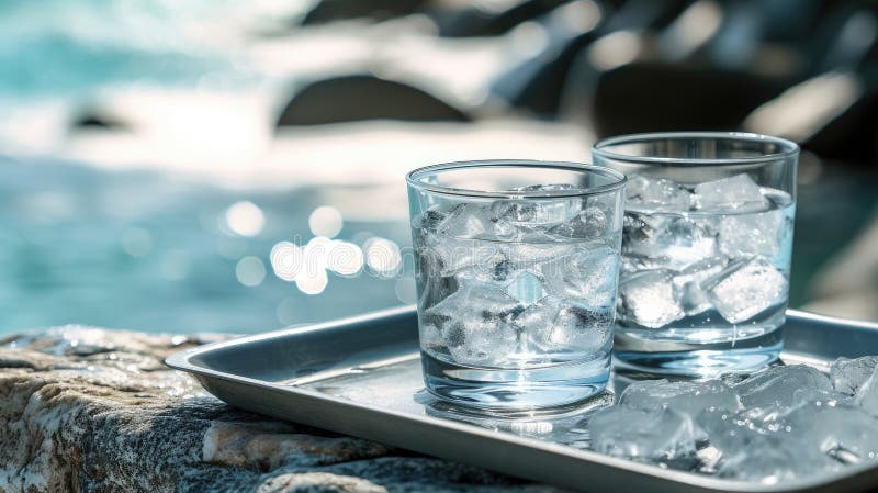 Two Glasses of Ice Water on a Tray with Ice Rocks, a Cool Arrangement ...