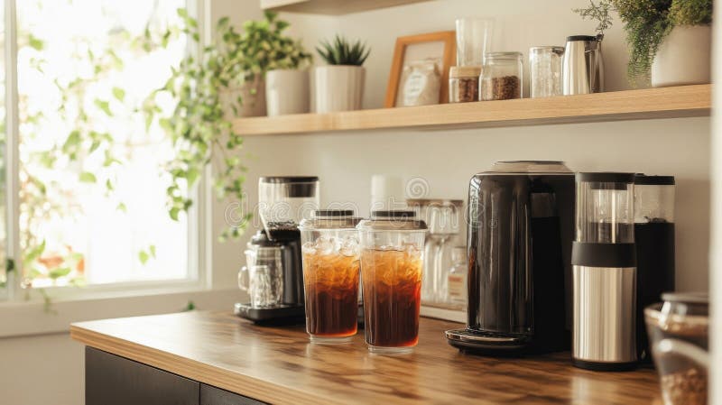 Two Glasses of Iced Coffee on a Countertop with Coffee-Making Equipment ...