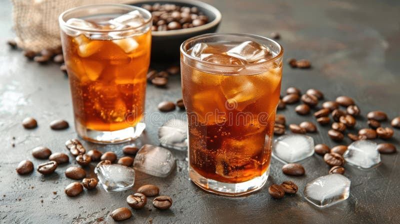 Two Glasses of Iced Coffee with Ice Cubes and Coffee Beans on a Table ...