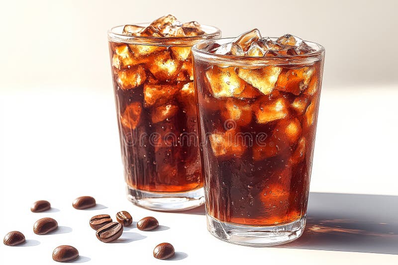 Two Glasses of Iced Coffee with Ice Cubes and Coffee Beans on the Table ...
