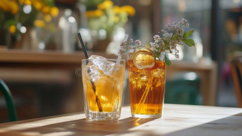 Two Glasses of Iced Tea with Lemon and Flowers Stock Illustration ...
