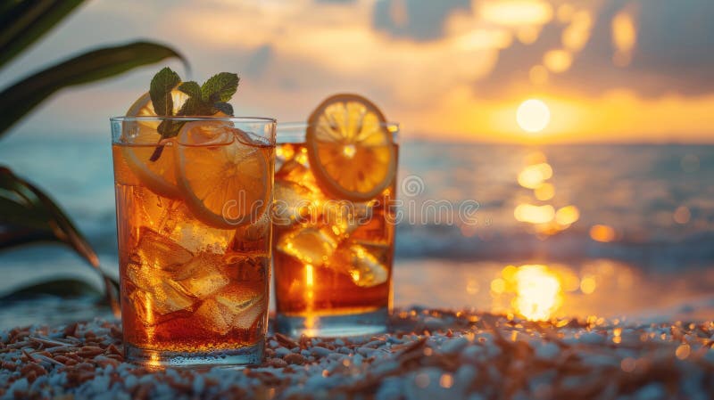 Two Glasses of Iced Tea on a Sandy Beach Stock Photo - Image of water ...