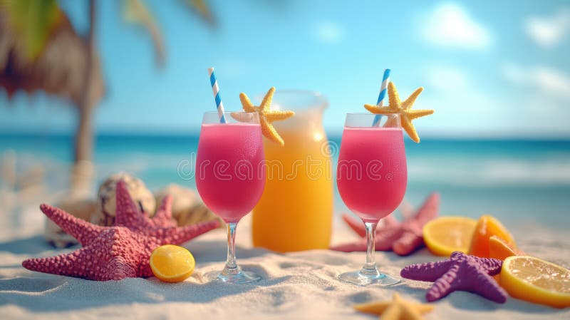 Two Glasses of Juice and Orange Slices on a Sunny Beach. Stock Photo ...