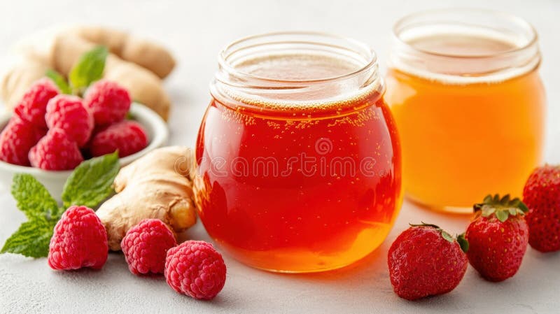 Two Glasses of Juice with Raspberries and Ginger on a Table, AI Stock ...