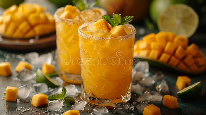 Two Glasses of Mango Margaritas with Fresh Fruit and Ice Stock Image ...
