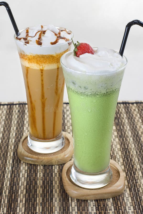 Two Glasses of Mocca and Green Tea Smoothies Stock Photo - Image of ...