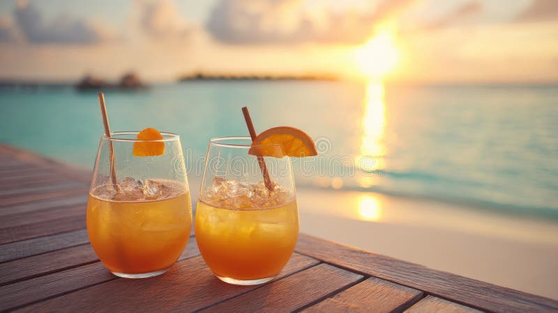 Two Glasses of Orange Juice Sit on a Table beside the Ocean, Creating a ...