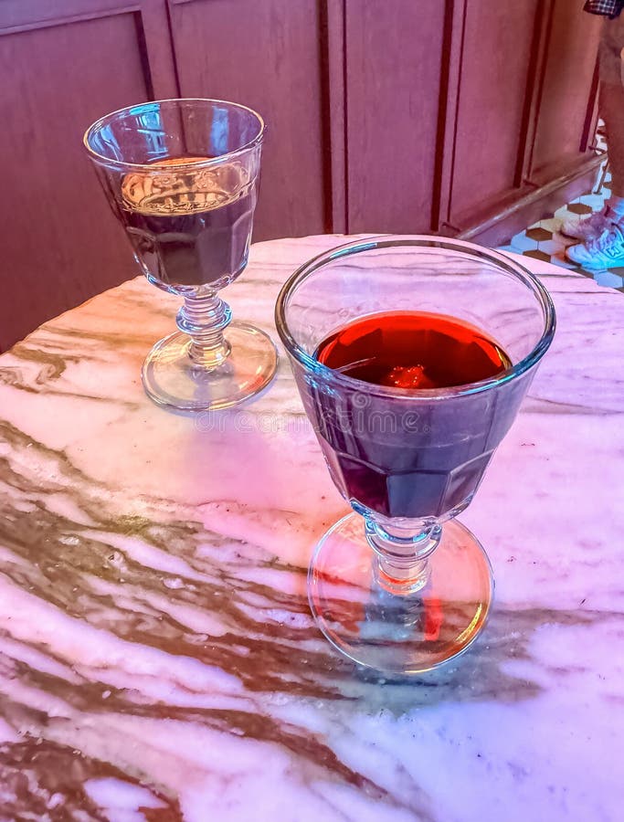 Two Glasses with Red Cherry Drink in Cafe Stock Image - Image of night ...
