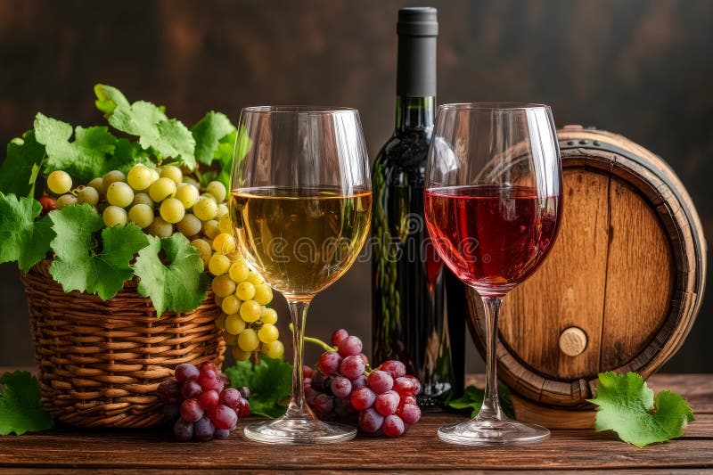 Two Glasses with Red and White Wine on Rustic Background with Bunches ...