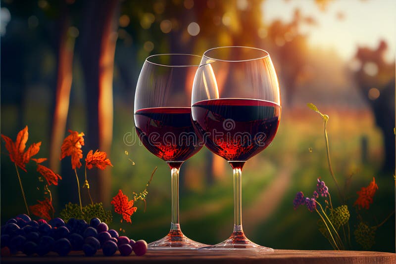 Two Glasses of Red Wine in the Background of a Vineyard. AI Generated ...