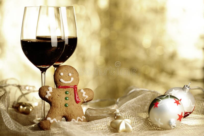 Two Glasses of Red Wine, Gingerbread Man Stock Photo - Image of ...