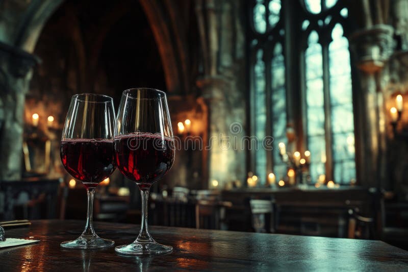 Two Glasses of Red Wine Sit on a Table in a Gothic Setting, Illuminated ...