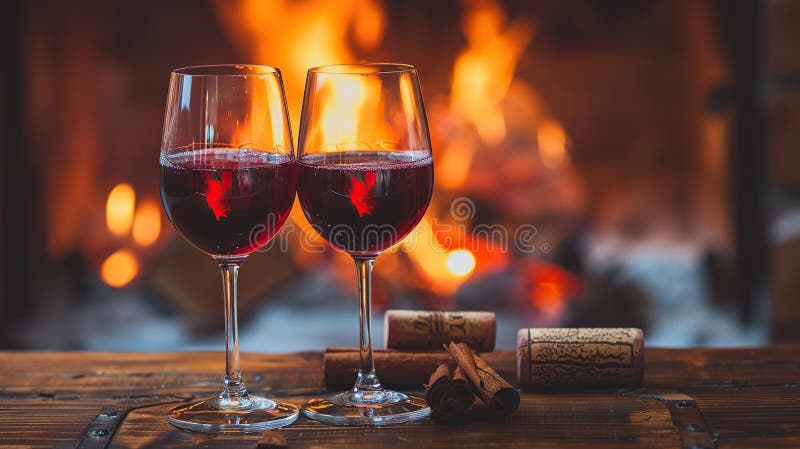 Cozy Fireplace with Wine stock illustration. Illustration of wineglass ...