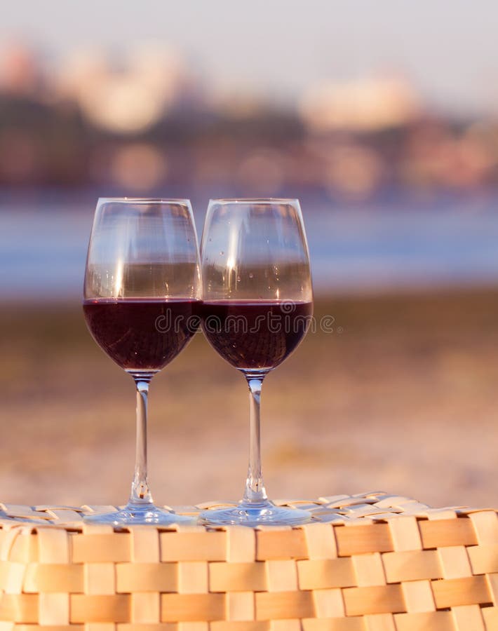 Two Glasses of Red Wine at Sunset Stock Image - Image of tranquil ...