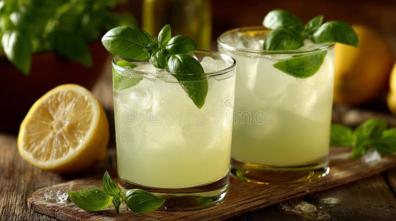 Two Glasses of Refreshing Basil Lemon Drink with Ice Stock Image ...