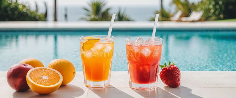Two Glasses of Refreshing Drinks with Ice and Fruit, Sitting on the ...