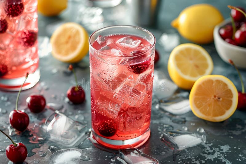 Two Glasses with Refreshing Ice Cold Cherry Lemonade Decorated with Mint and Lemon Stock Photo ...