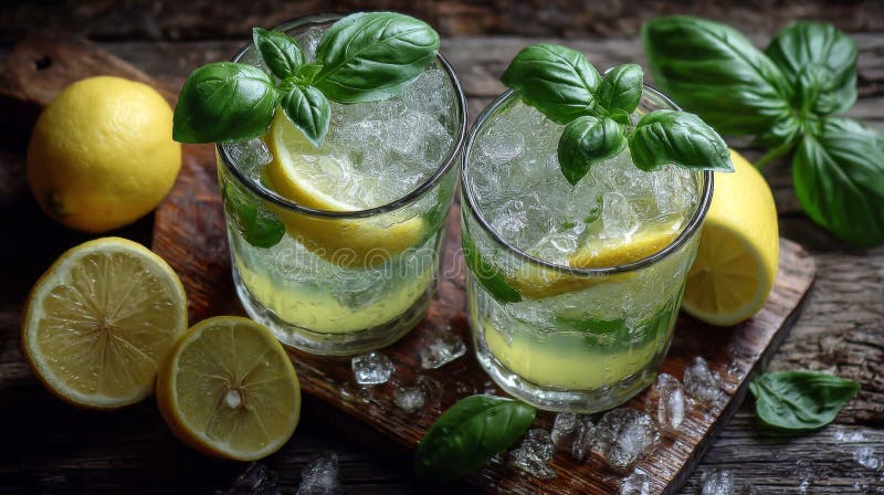 Two Glasses of Refreshing Lemon Basil Drink with Ice Stock Image ...
