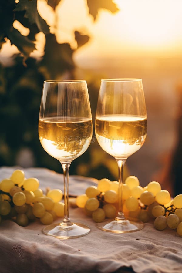 Two Glasses of White Wine, Light Background Sunset Stock Image - Image ...