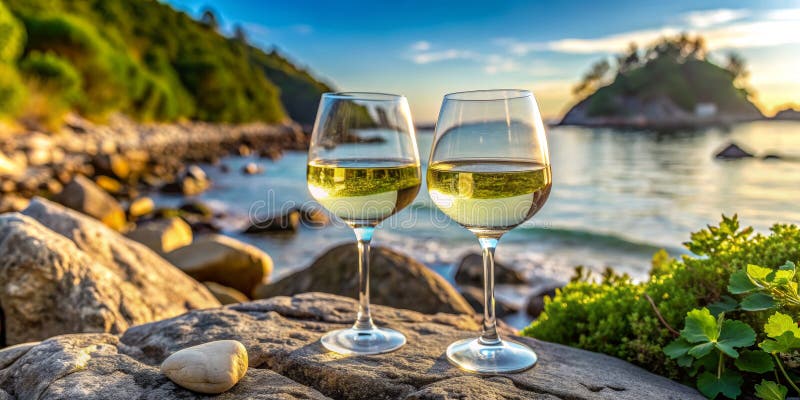 Two Glasses of White Wine on Rocky Beach at Sunset, Sea , Wine , Beach ...