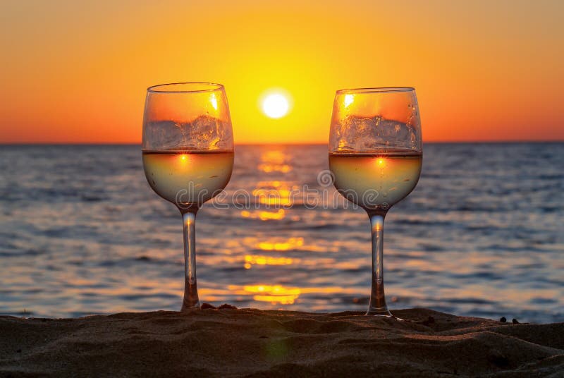 Two Glasses of Wine on a Beach at Sunset Stock Image - Image of food ...