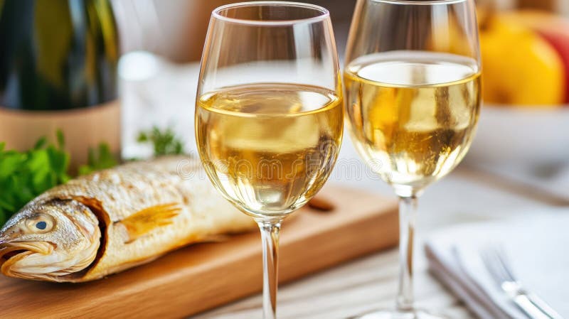Two Glasses of Wine on a Table with Fish and Vegetables, AI Stock Image ...