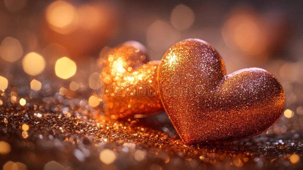 Two Glittering Gold Hearts Resting on Sparkle Stock Illustration - Illustration of devotion ...