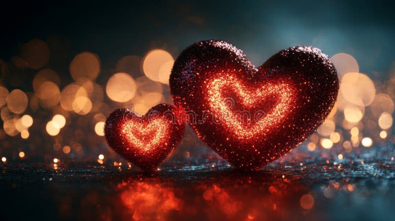 Two Glittering Red Hearts Illuminated by Warm Lights Stock Illustration ...