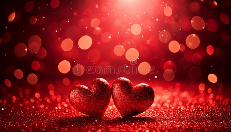 Two Glittering Red Hearts with Romantic Bokeh Lights Background Stock ...