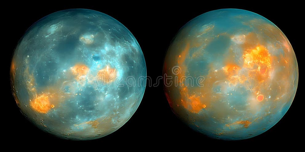 Two Globes with Blue and Orange Textures Against a Black Background in ...