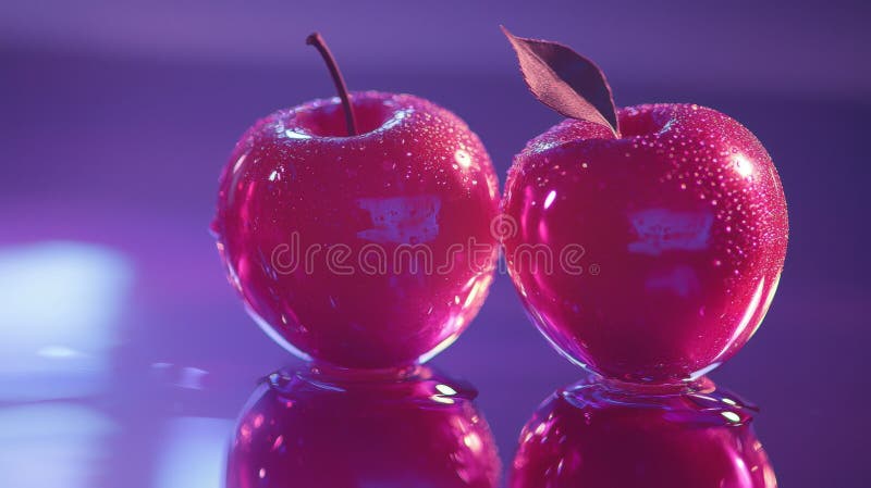 Two Glossy Apples with Water Droplets Under Purple Lighting Stock Photo ...