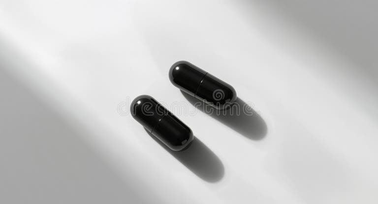 Two Glossy Black Capsules on a White Surface with Soft Light and ...