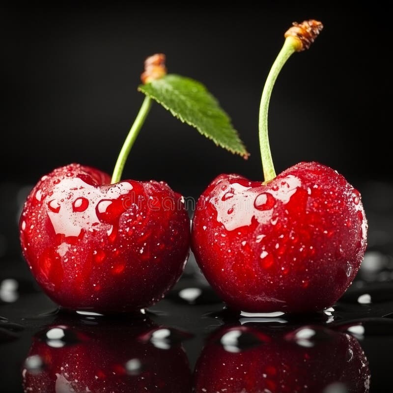 Two Glossy Red Cherries with Stems on a Reflective Black Background ...