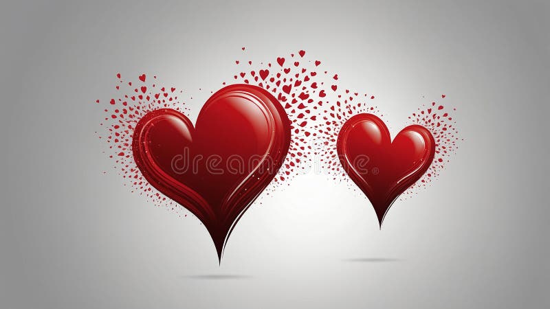 Two Glossy Red Hearts with Scattered Tiny Heart Particles on Soft Gray ...