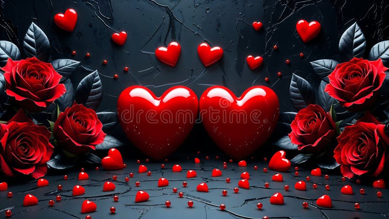 Two Glossy Red Hearts Surrounded by Roses on Dark Background Stock ...