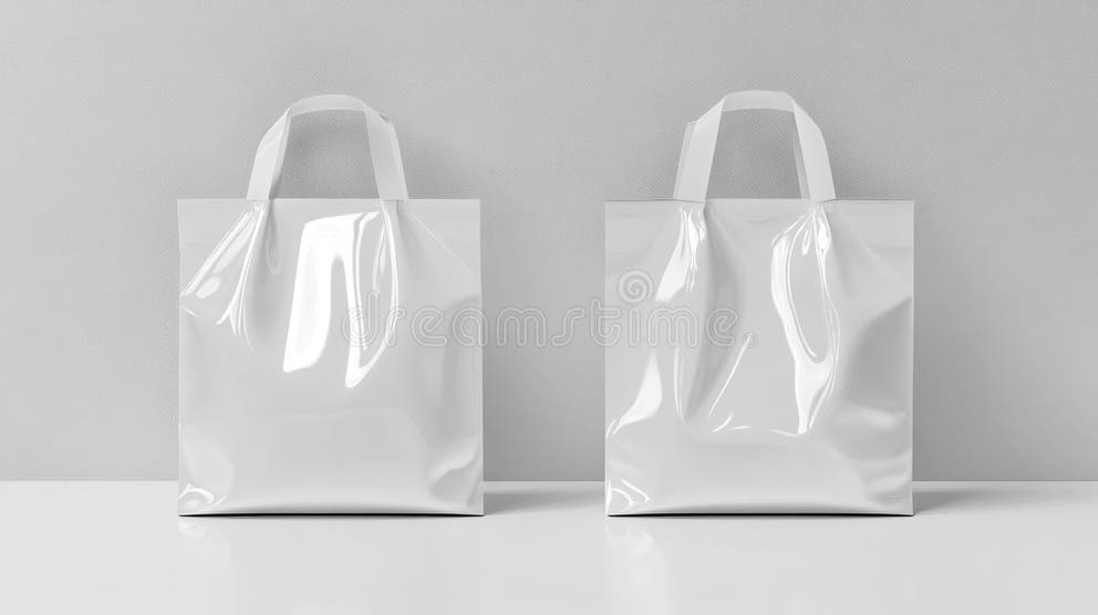 Two Glossy White Plastic Shopping Bags on White Background Stock ...