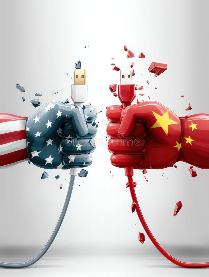 USB Cable Pull between US and China Flags Represents Rivalry in Technology and Trade Dynamics ...